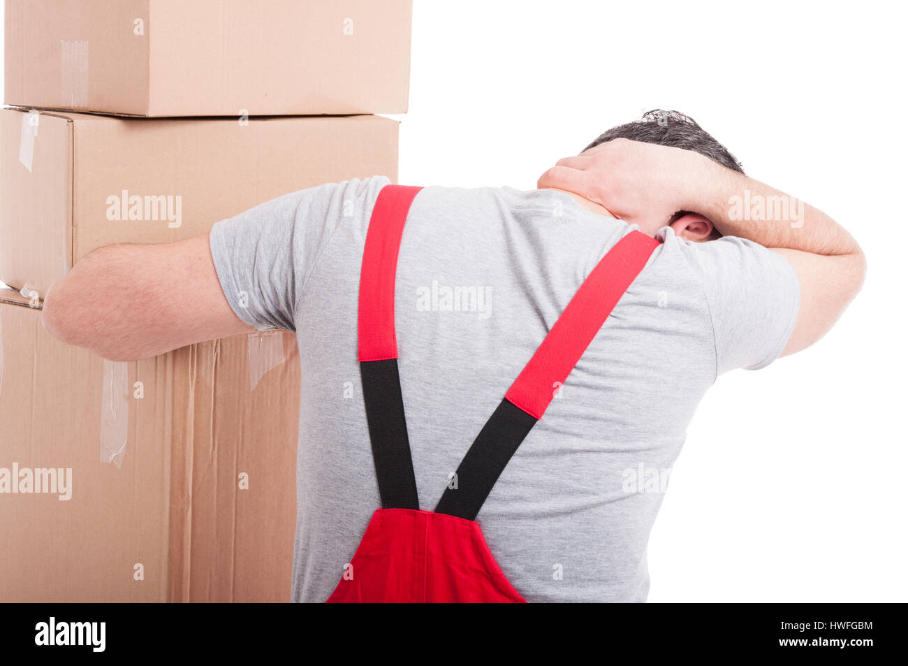 Back view of mover guy holding his neck like hurting isolated on white ...