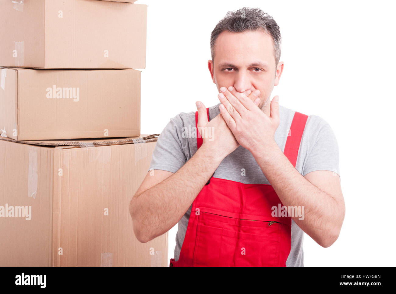 Mover guy covering his mouth like no speaking or mute gesture isolated ...
