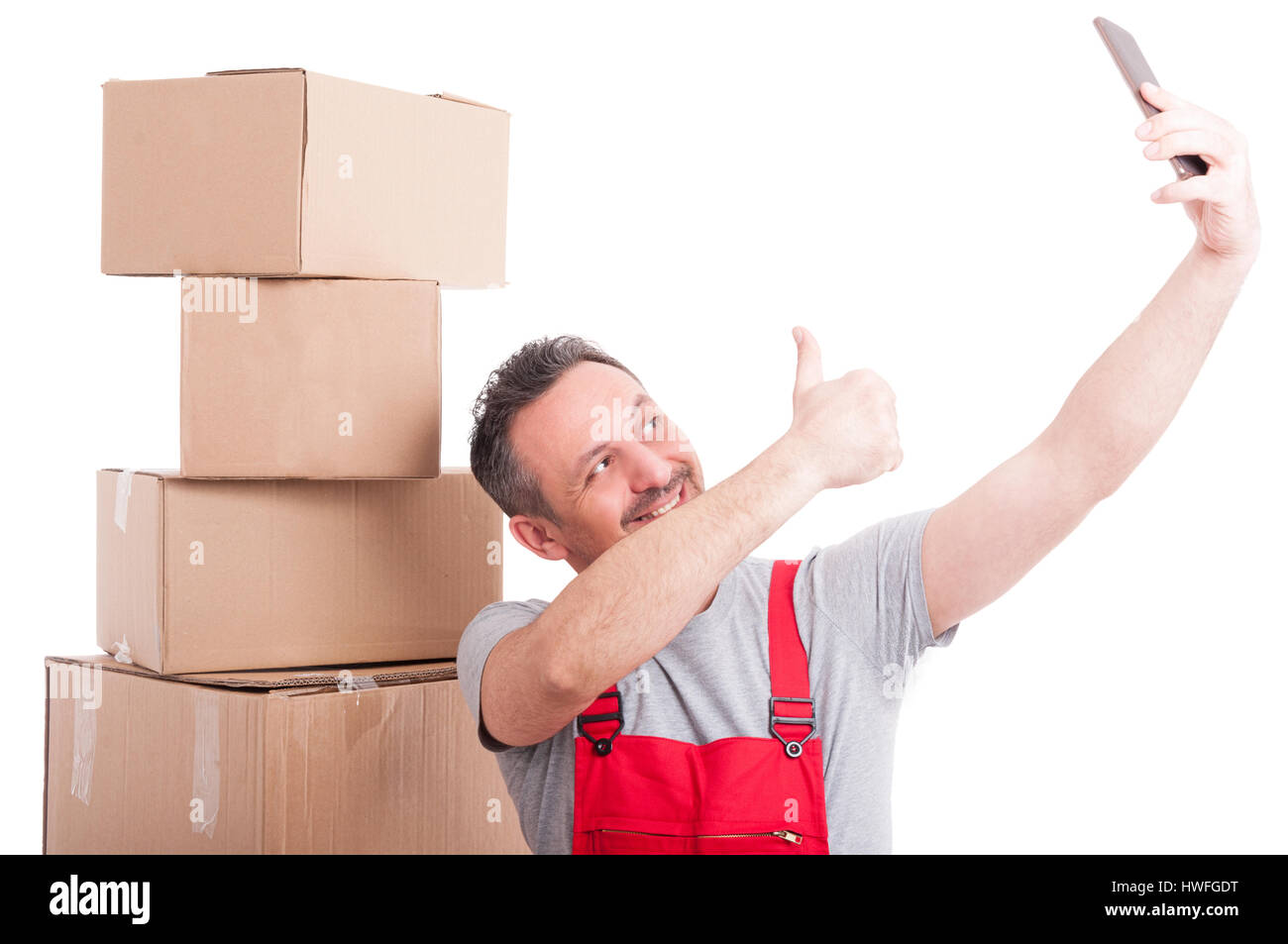 Mover guy making like gesture taking selfie and smiling isolated on ...