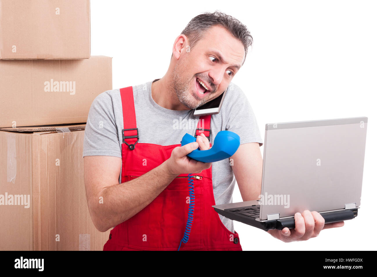 Busy mover guy multitasking with laptop and phones and yelling isolated ...