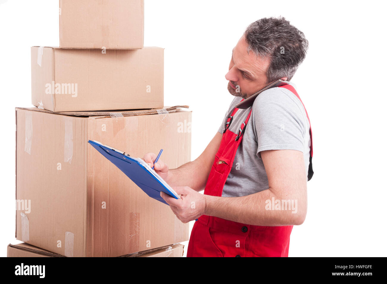 Mover guy multitasking with clipboard and phone isolated on white ...