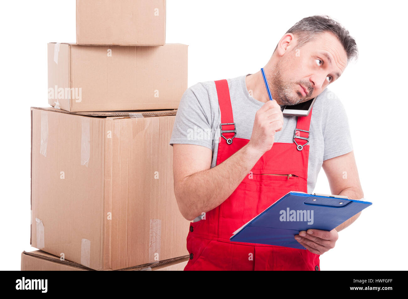 Mover guy multitasking with clipboard and phone isolated on white ...