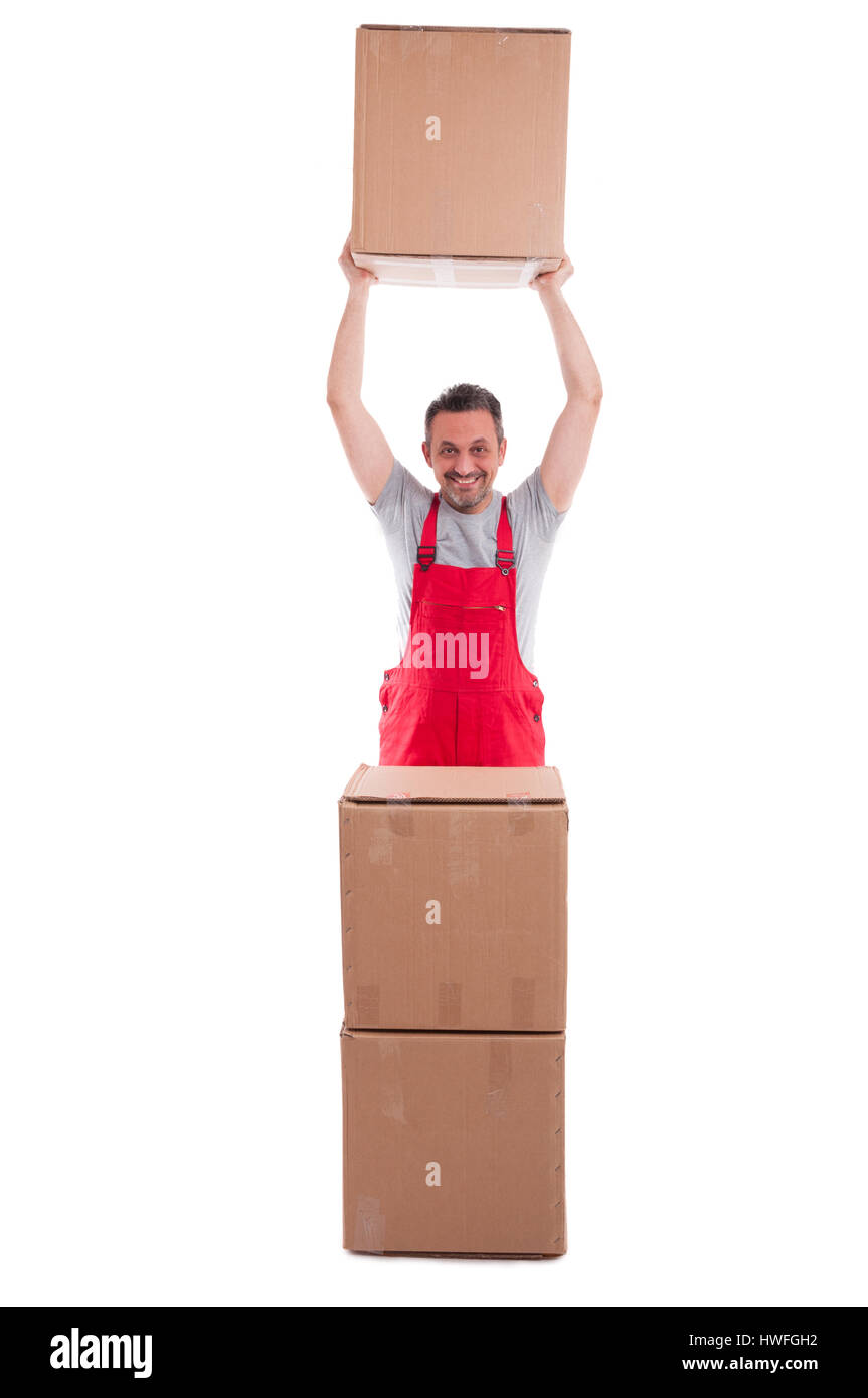 Full body guy lifting or holding up cardboard box and smiling isolated ...