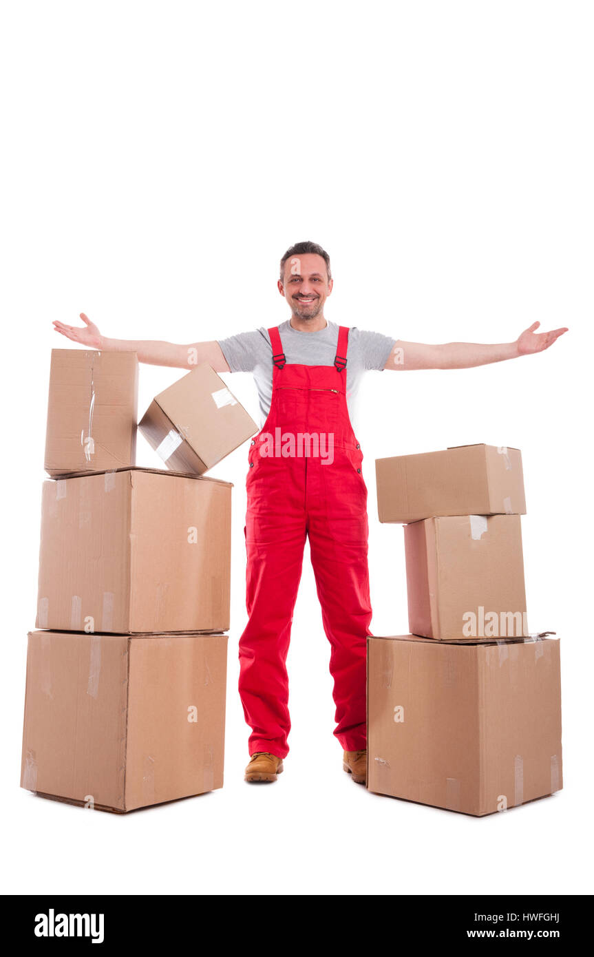 Full body guy standing or posing with arms spread around cardboard ...