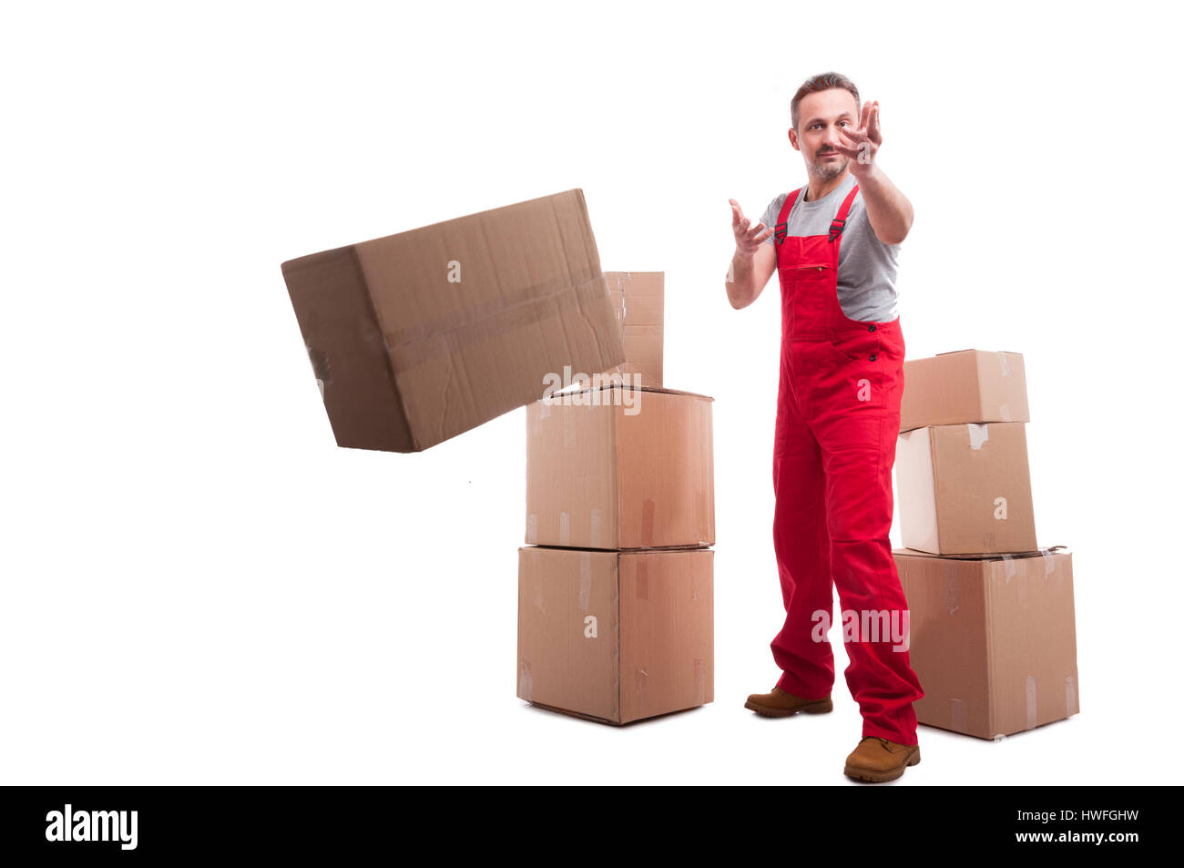 Full body mover guy throwing a cardboard box like working isolated on ...