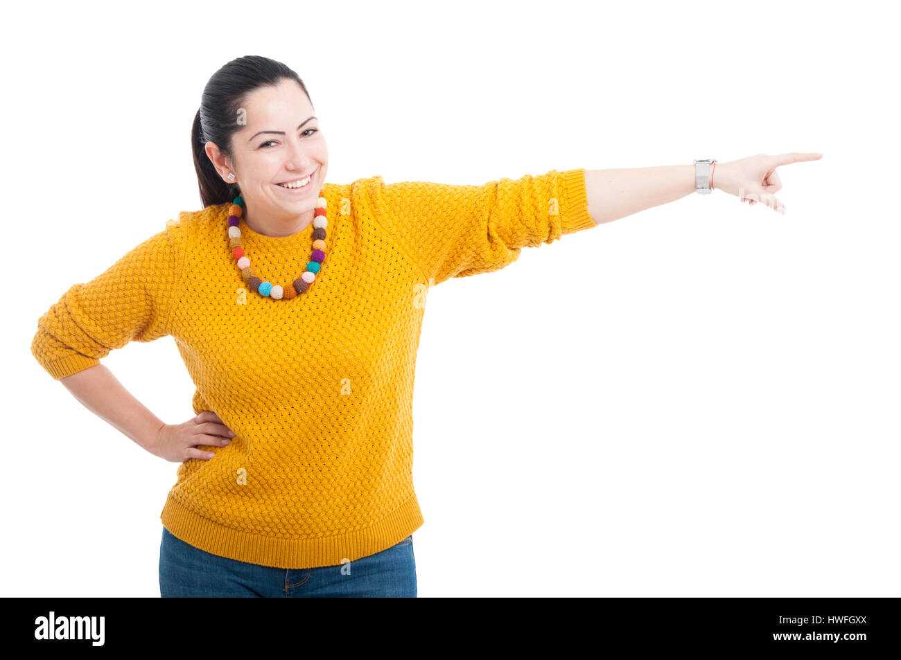 Happy female pointing or indicate something on the left side isolated ...