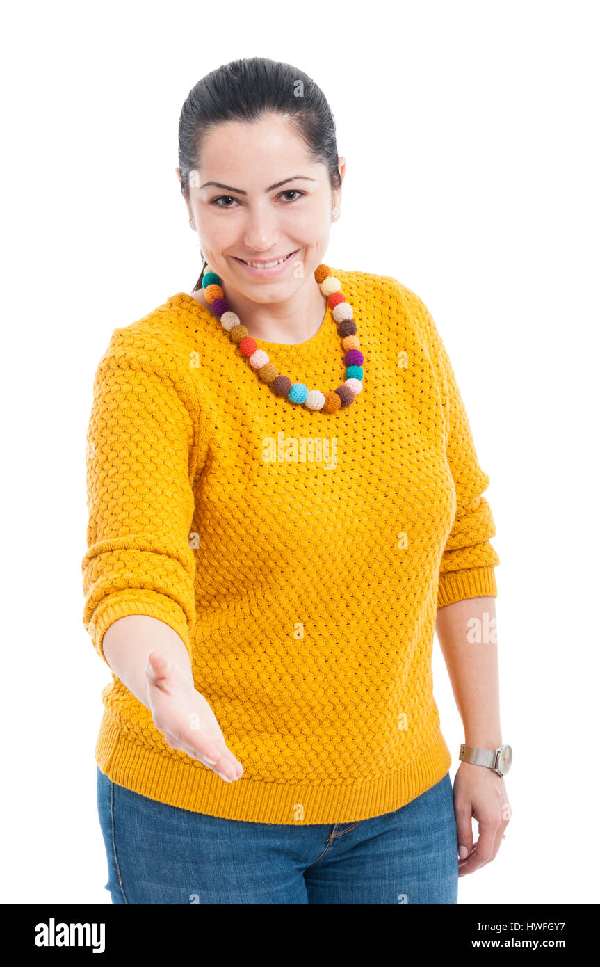 Picture of beautiful woman introducing herself or doing handshake ...