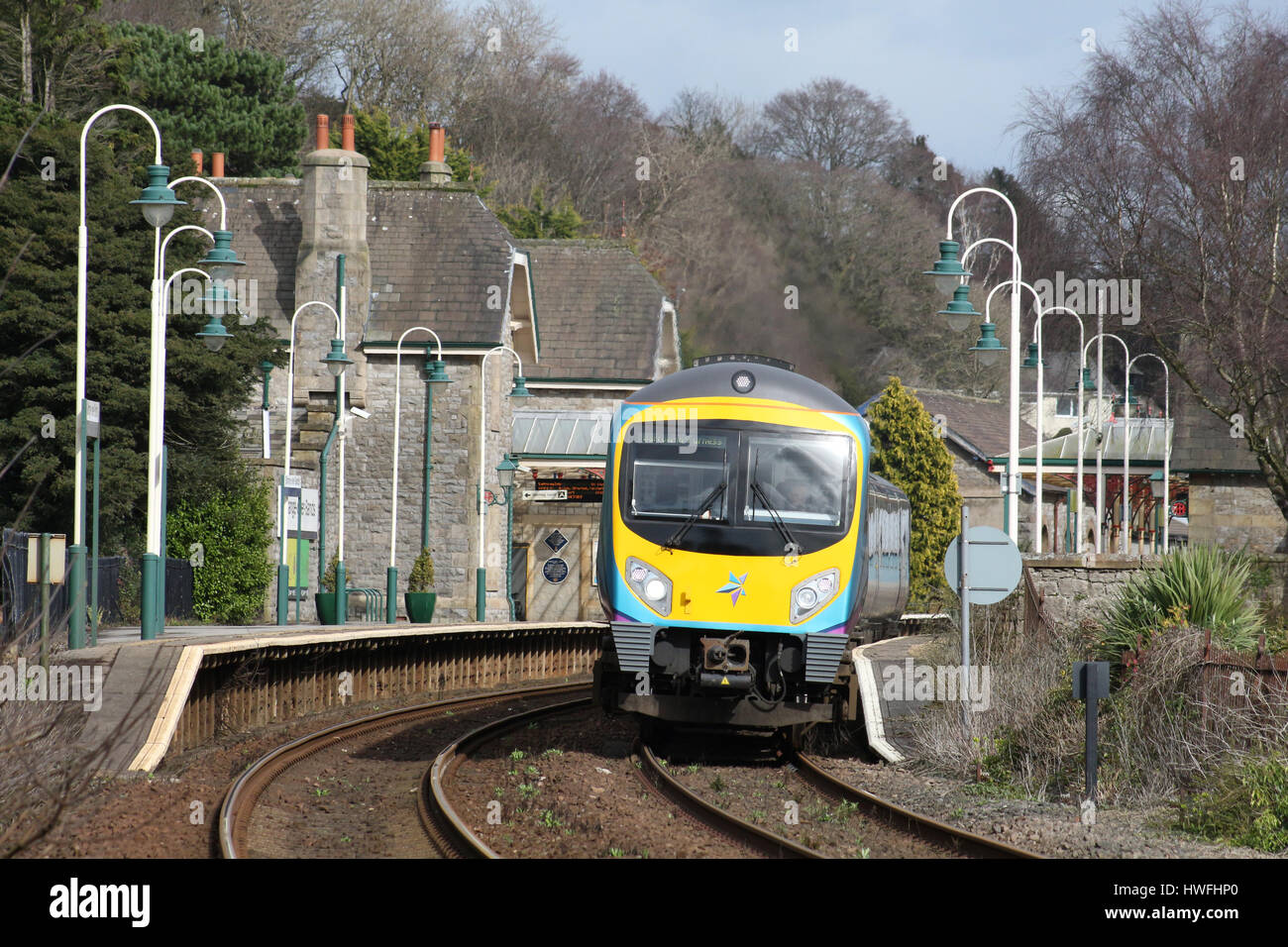 Class 185 diesel multiple unit, passenger train leaving Grange-over ...