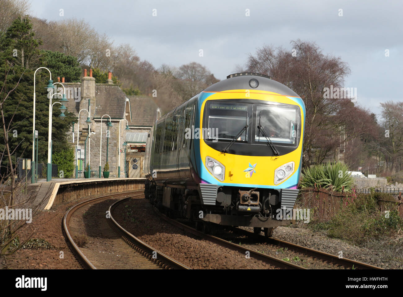 Class 185 diesel multiple unit, passenger train leaving Grange-over ...