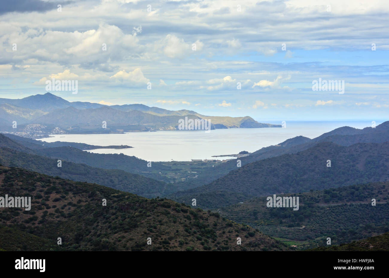 Panoramic summer view of Cadaques bay (Spain) from mountain pass Stock ...