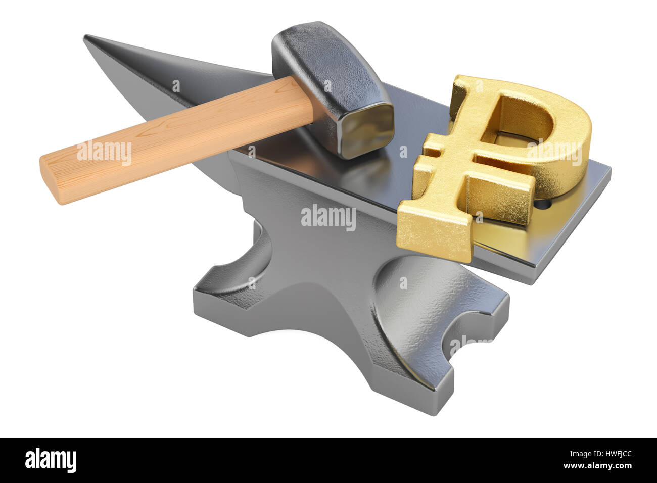 anvil with gold ruble symbol, 3D rendering isolated on white background ...