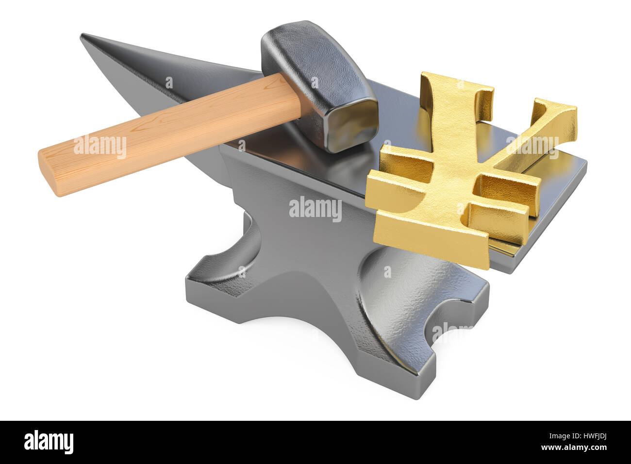 anvil with gold yen or yuan symbol, 3D rendering isolated on white ...