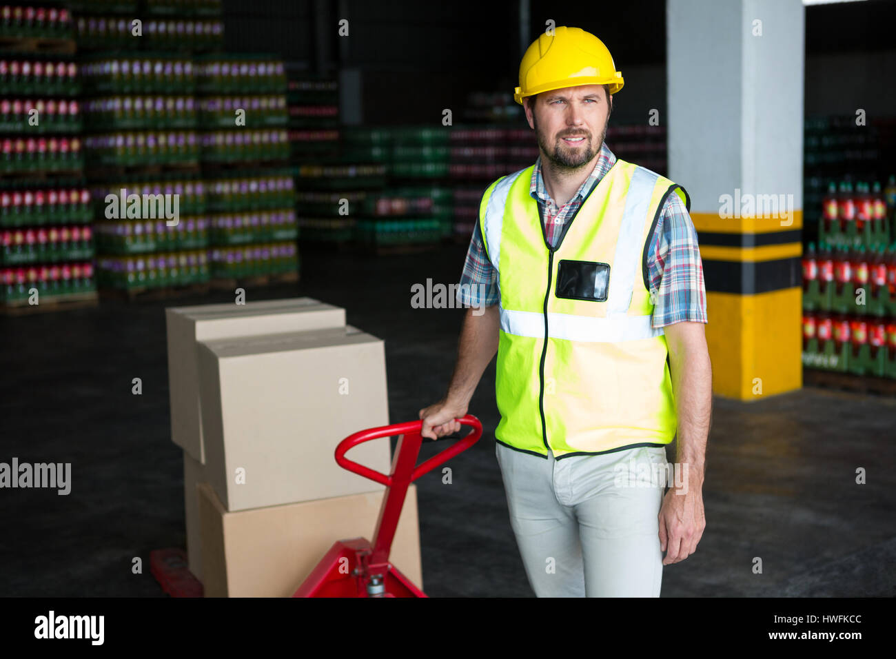 Young male worker pulling trolley in warehouse Stock Photo - Alamy