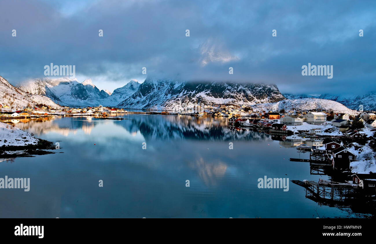 The small settlement Reine at Moskenesöya, Lofoten, Norway in February ...