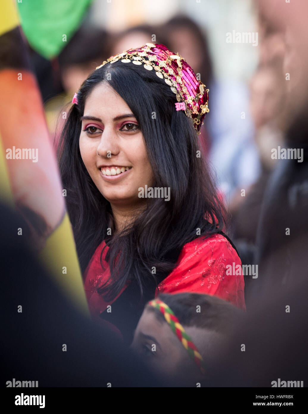 Munich, Germany. 20th Mar, 2017. A Kurdish woman in traditional ...