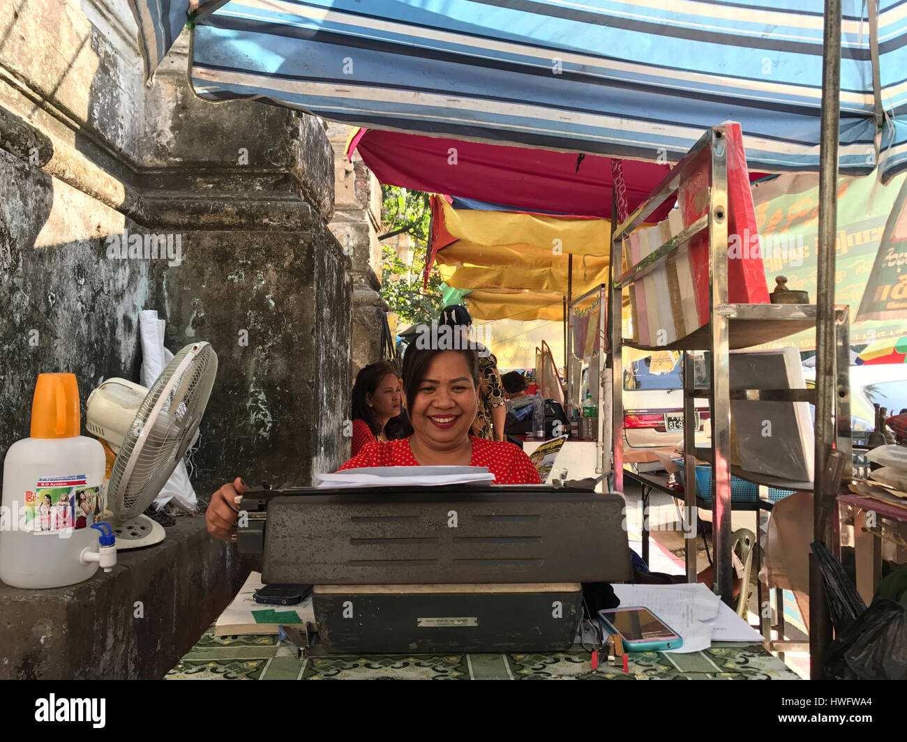Yangon, Myanmar. 10th Feb, 2017. Ma Thet works at her typewriter in Yangon, Myanmar, 10 February ...