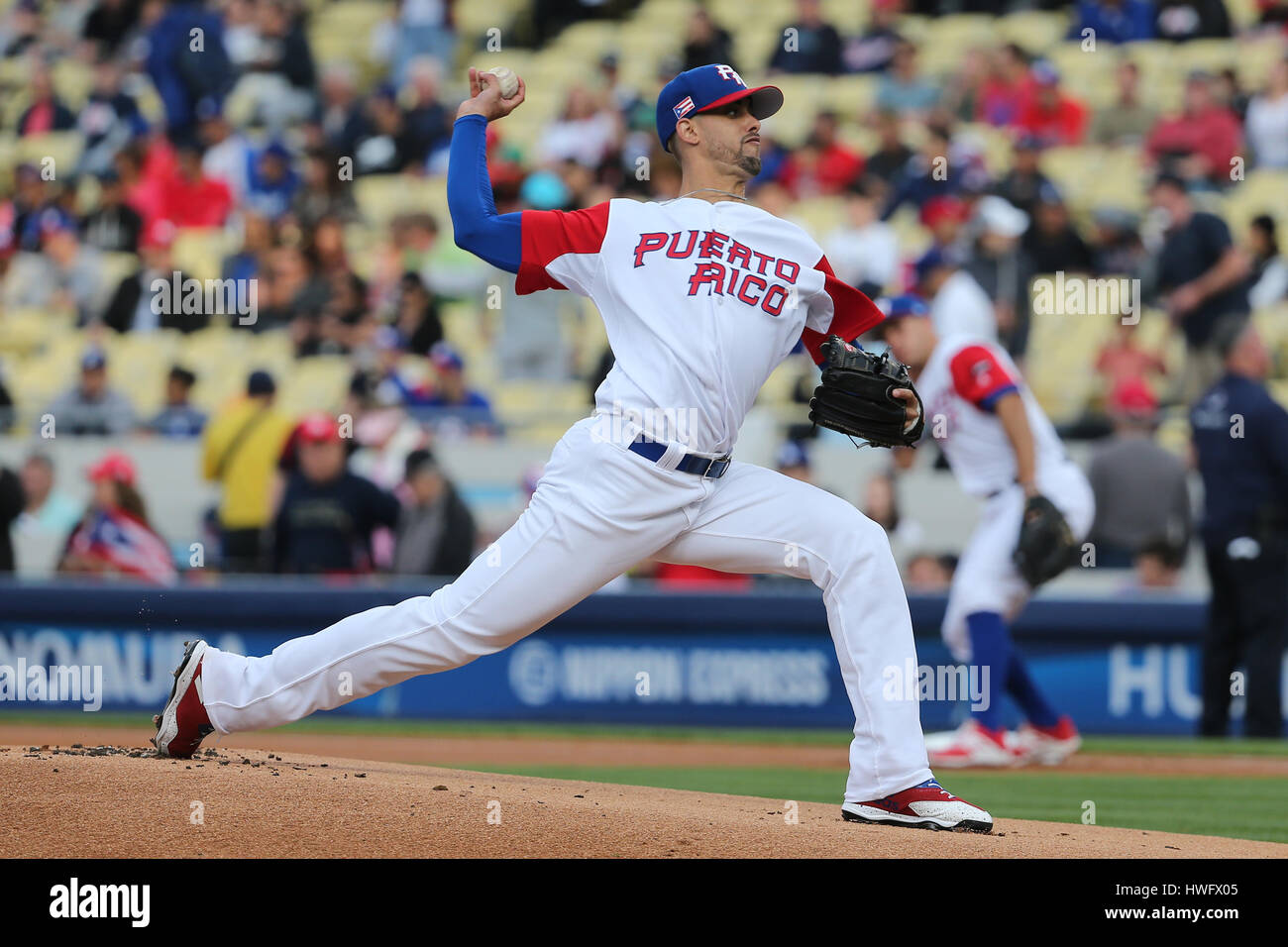 Los Angeles, CA, USA. 20th Mar, 2017. Puerto Rico pitcher Jorge Lopez ...