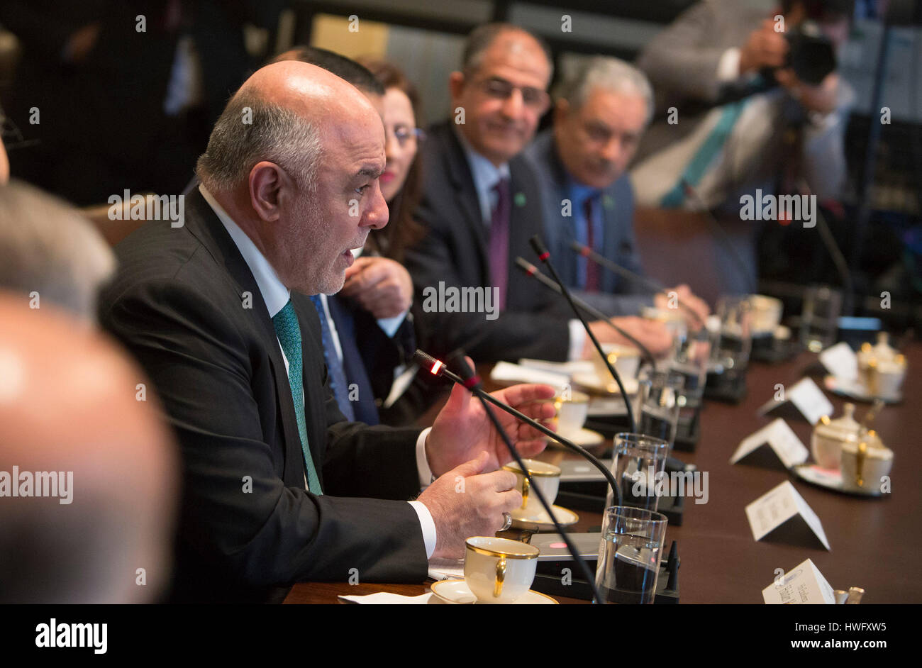 Prime Minister Haider al-Abadi of Iraq participates in a meeting with ...