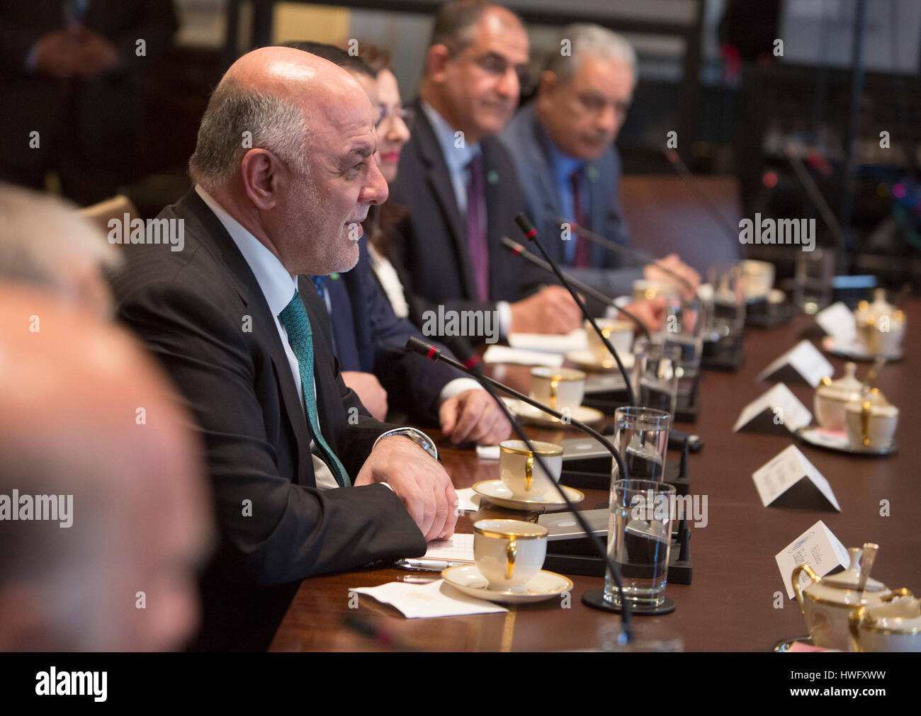 Prime Minister Haider al-Abadi of Iraq participates in a meeting with ...