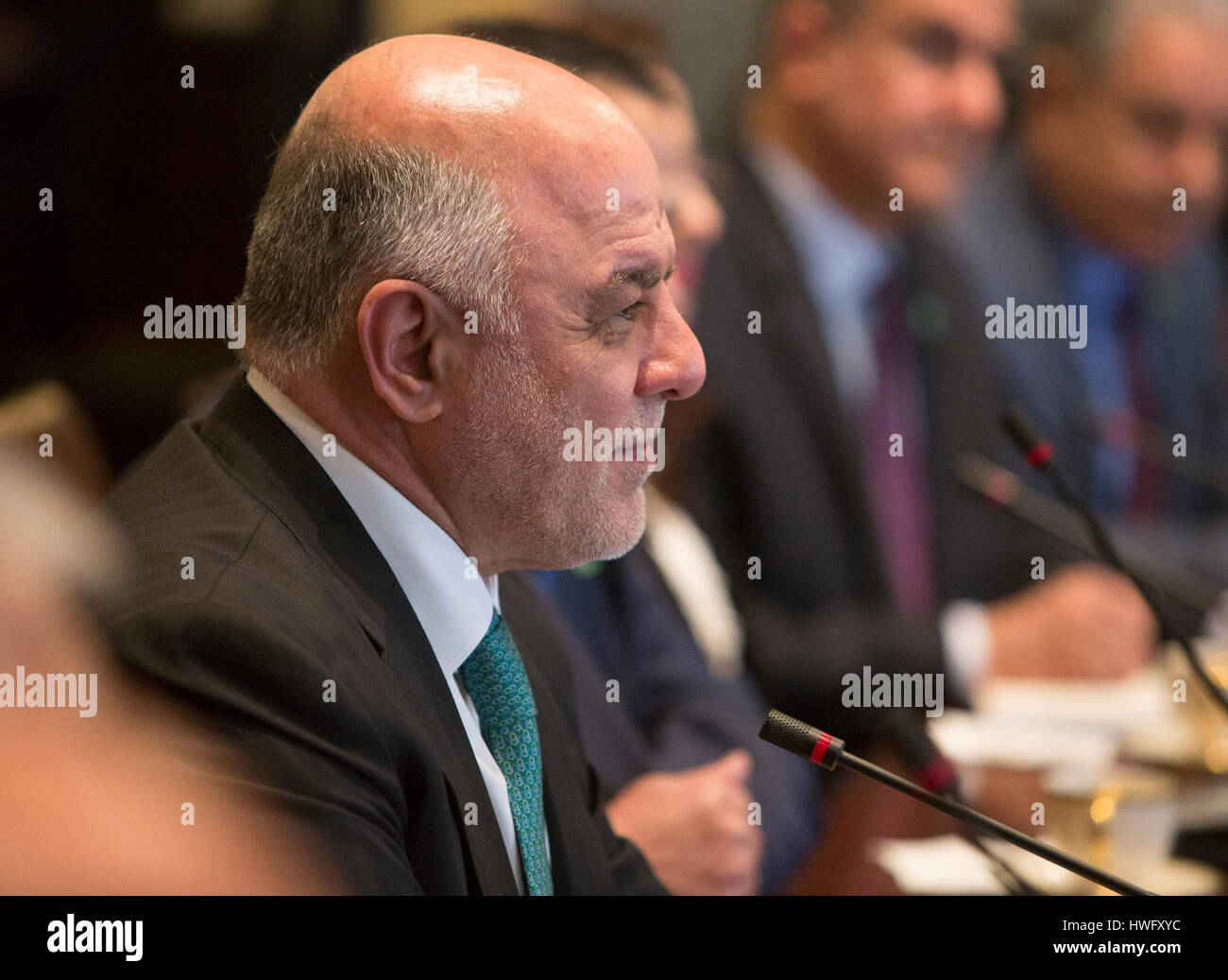 Prime Minister Haider al-Abadi of Iraq participates in a meeting with ...