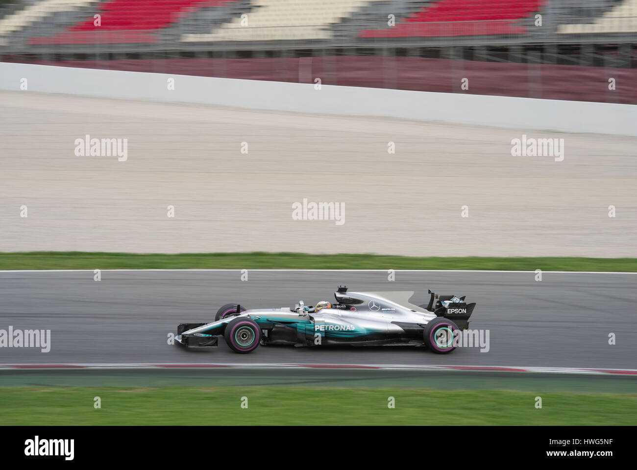 Lewis Hamilton in Mercedes Formula One F1 racing car at the Barcelona ...