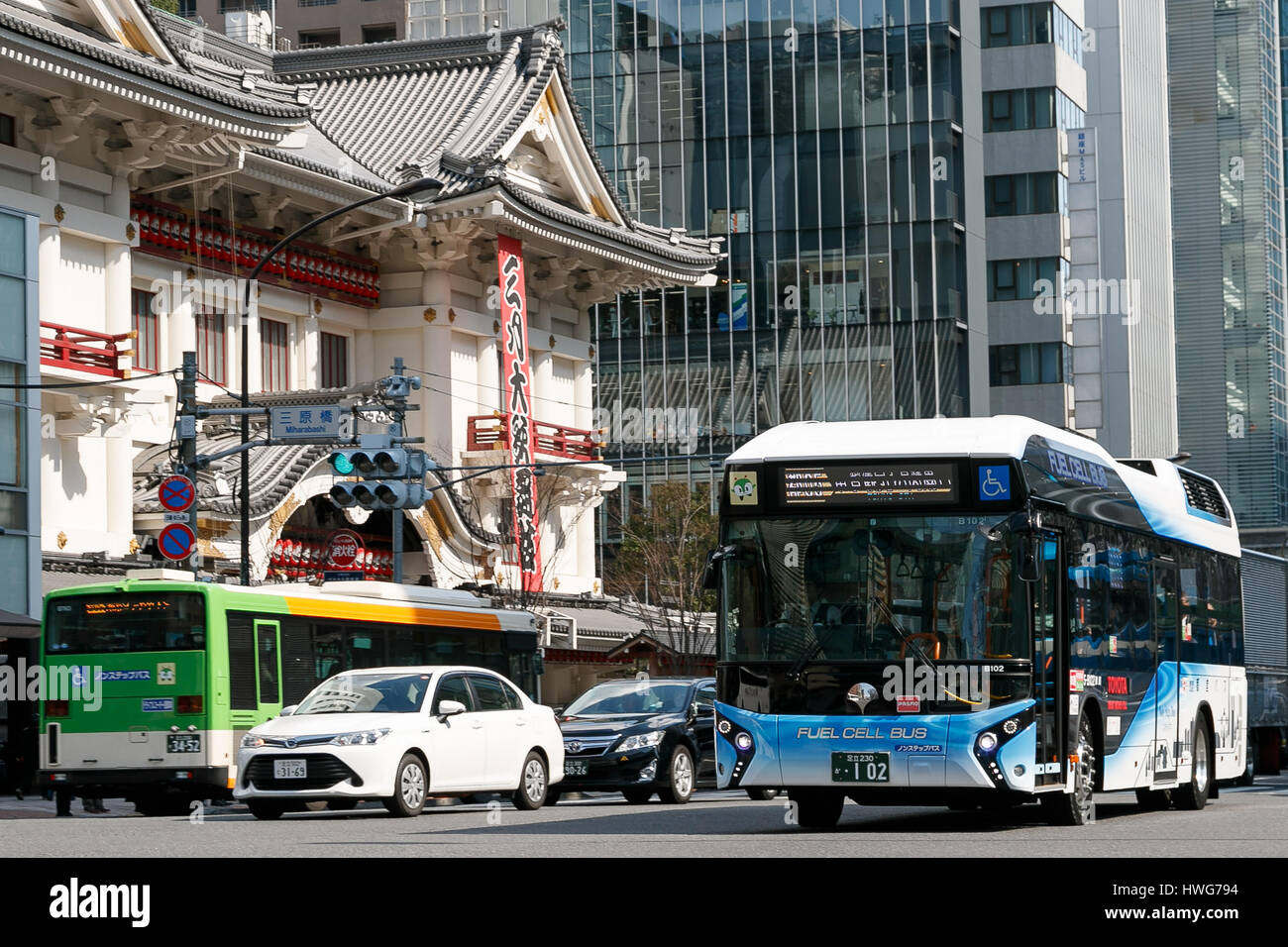 A hydrogen fuel cell bus is seen in Ginza area on March 22, 2017, Tokyo ...