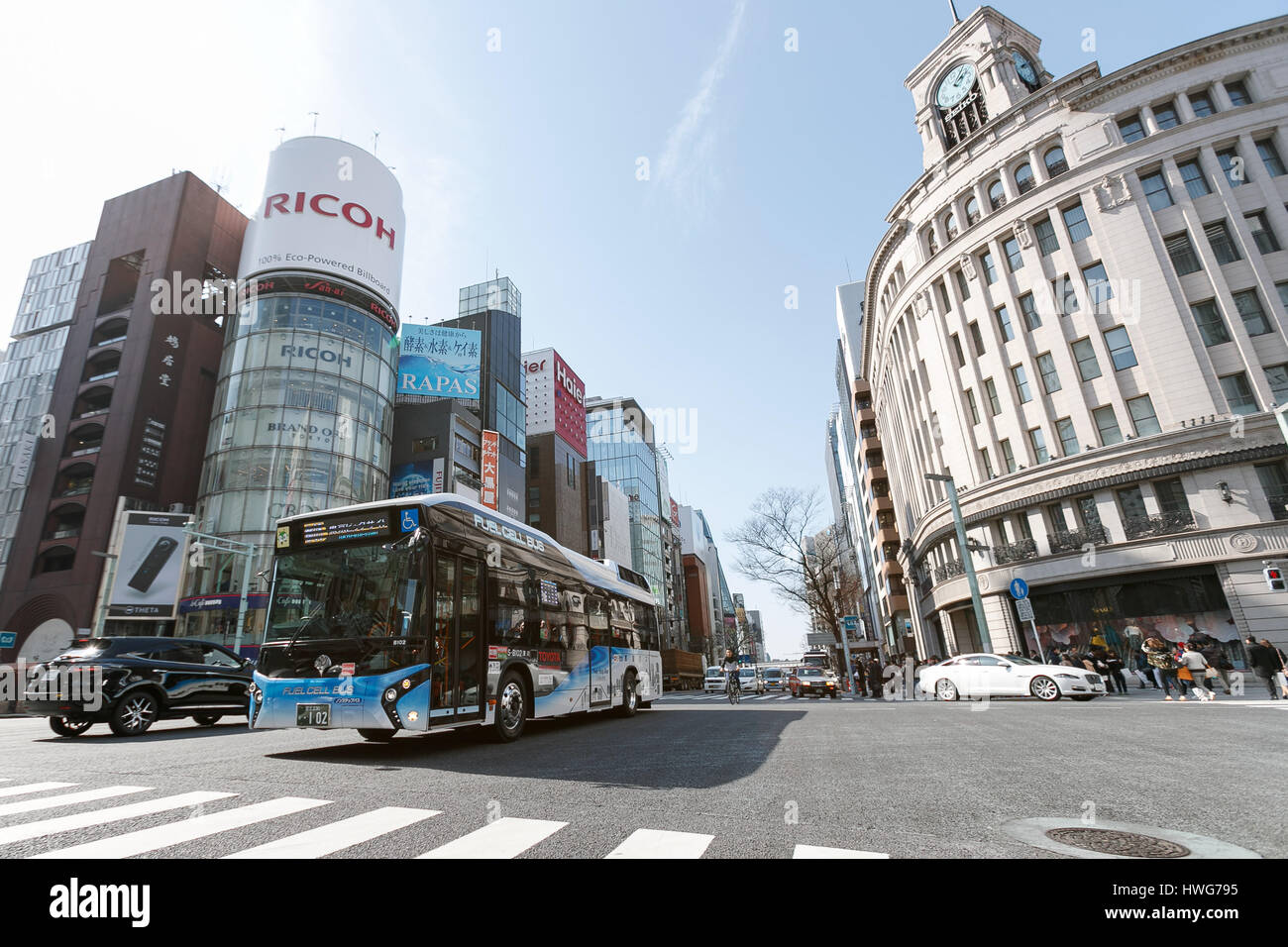 A hydrogen fuel cell bus is seen in Ginza area on March 22, 2017, Tokyo ...