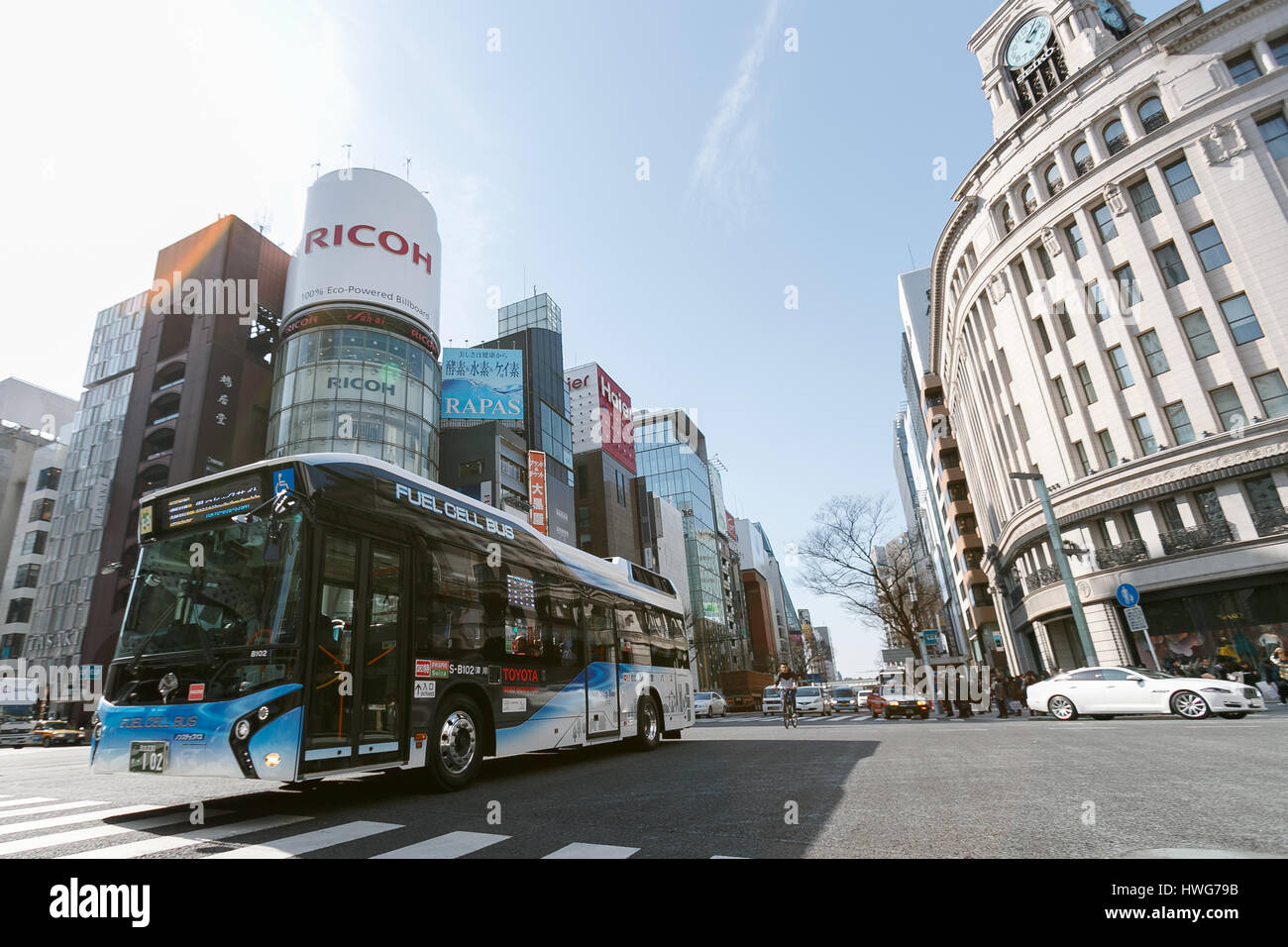 A hydrogen fuel cell bus is seen in Ginza area on March 22, 2017, Tokyo ...