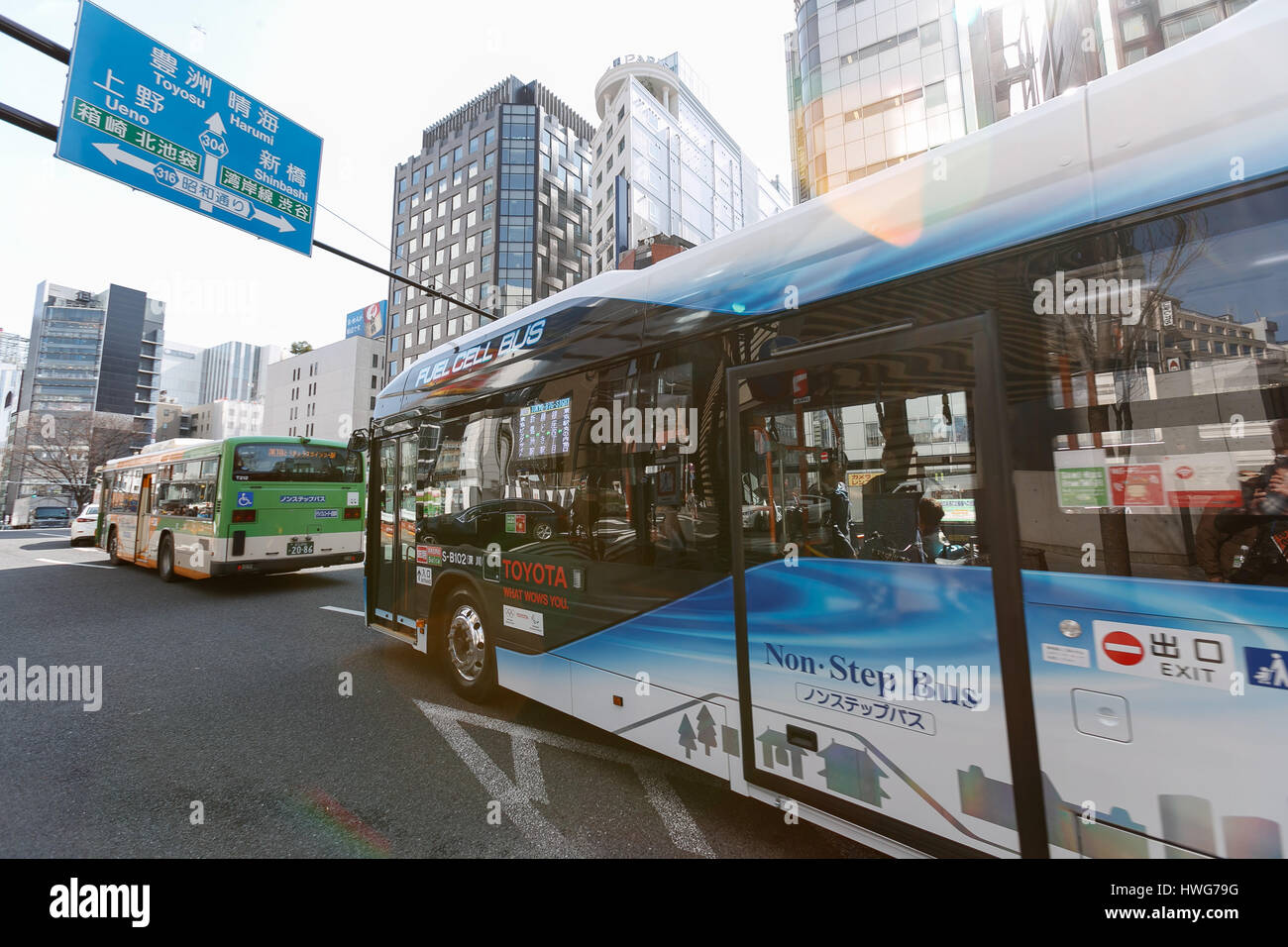A hydrogen fuel cell bus is seen in Ginza area on March 22, 2017, Tokyo ...