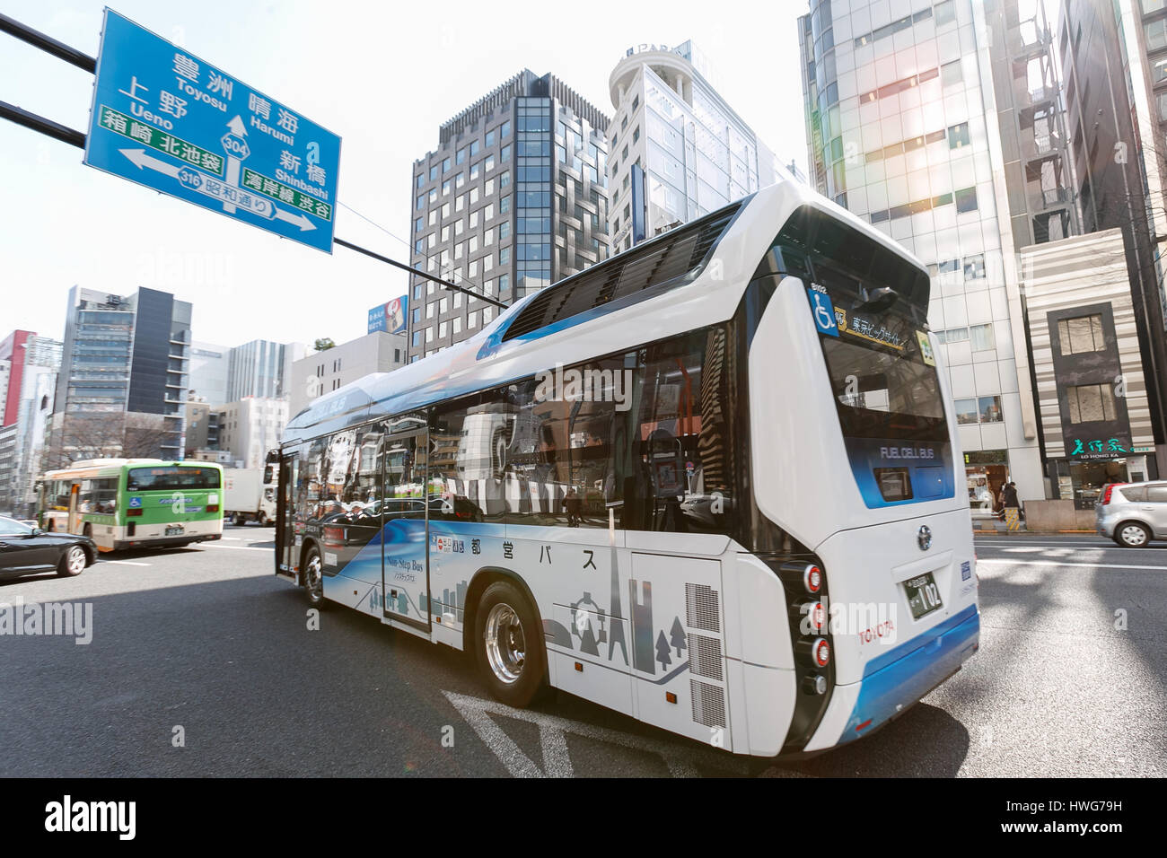 A hydrogen fuel cell bus is seen in Ginza area on March 22, 2017, Tokyo ...