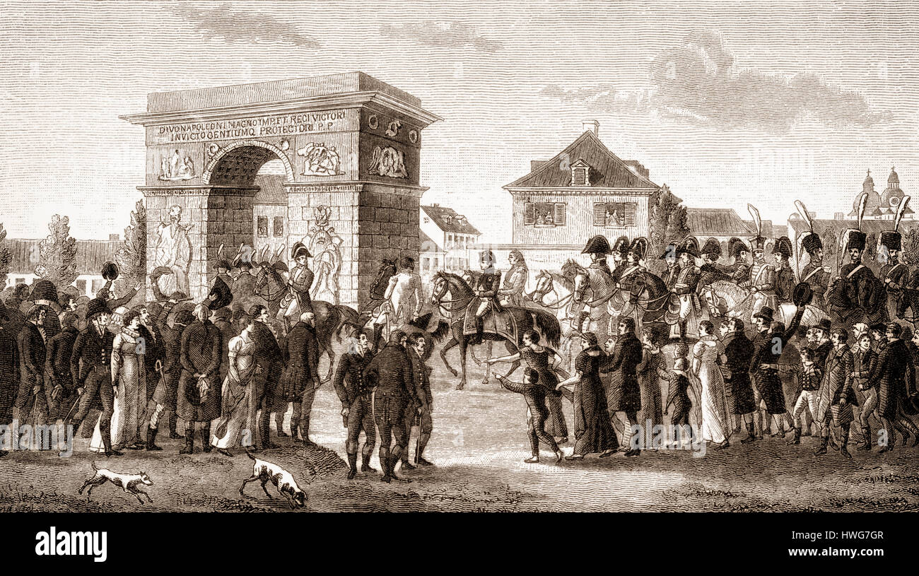 Napoleon invading with his troops in Dusseldorf, Germany, 1811 Stock ...