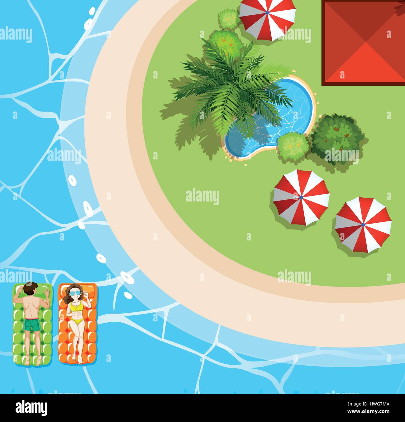 Beach scene with two tourists on floats illustration Stock Vector Image ...