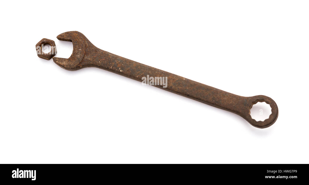 rusty nut and spanner on a white background Stock Photo - Alamy