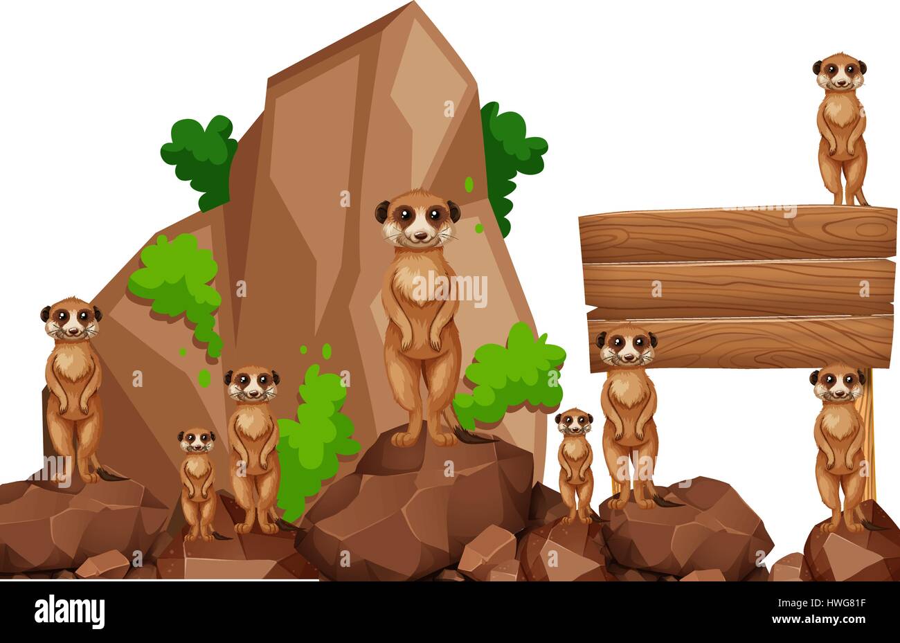 Wooden sign with meerkats on the rock illustration Stock Vector Image ...