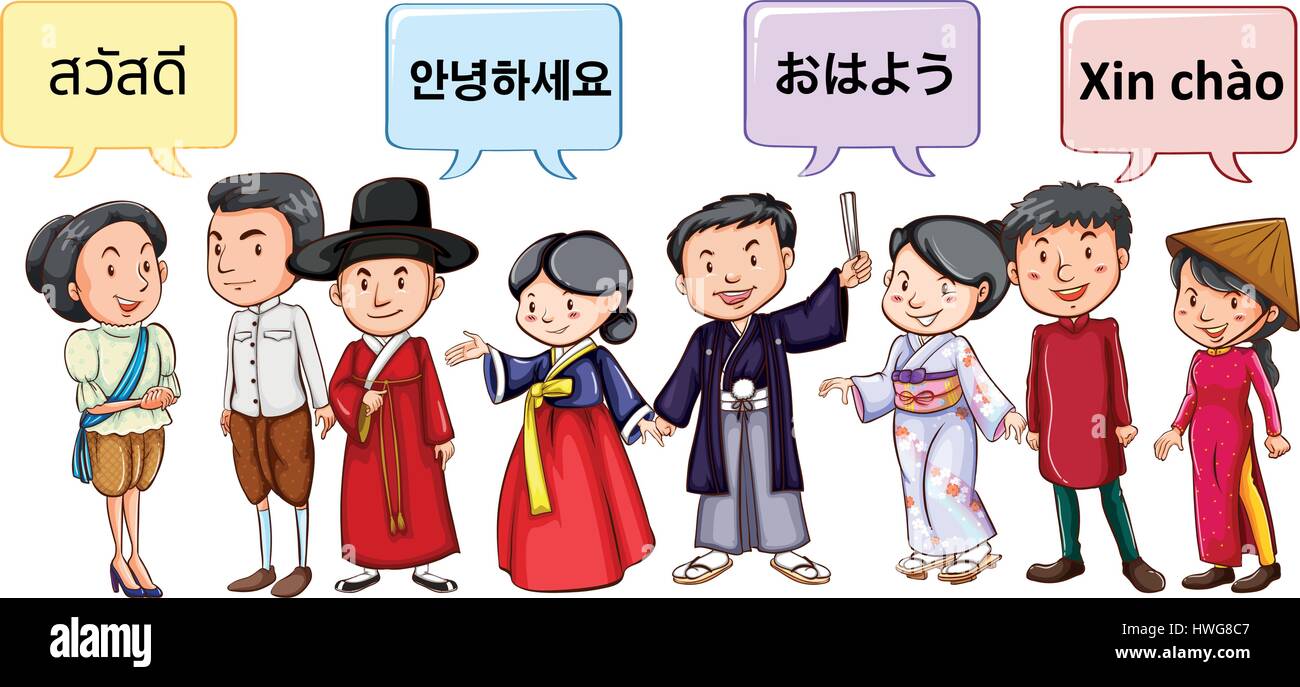 Asian people greeting in different languages illustration Stock Vector ...