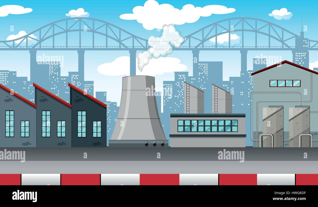 Scene with factories and buildings along the road illustration Stock ...