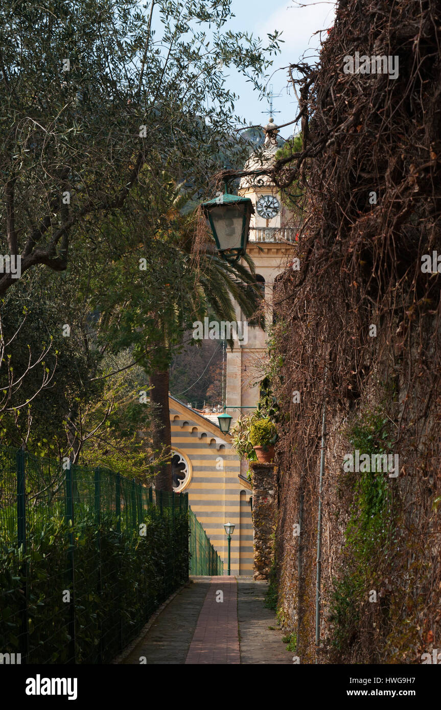 Portofino: view of the 12th century Church of St. Martin, striped ...