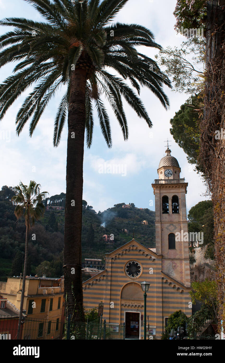 Portofino: view of the 12th century Church of St. Martin, striped ...