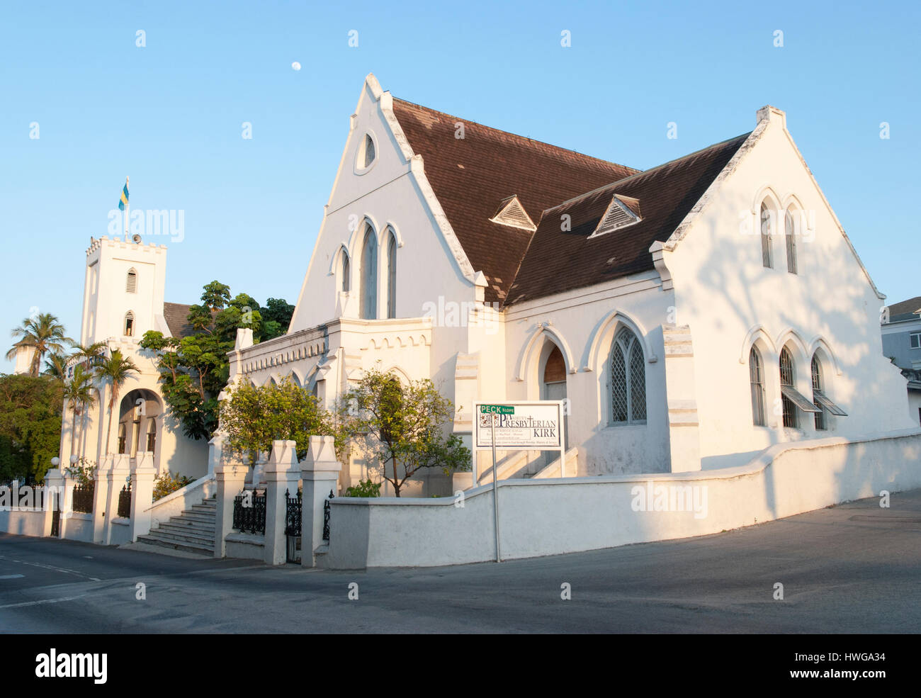 Nassau city St. Andrew's Presbyterian Kirk in a sunset light (Bahamas ...