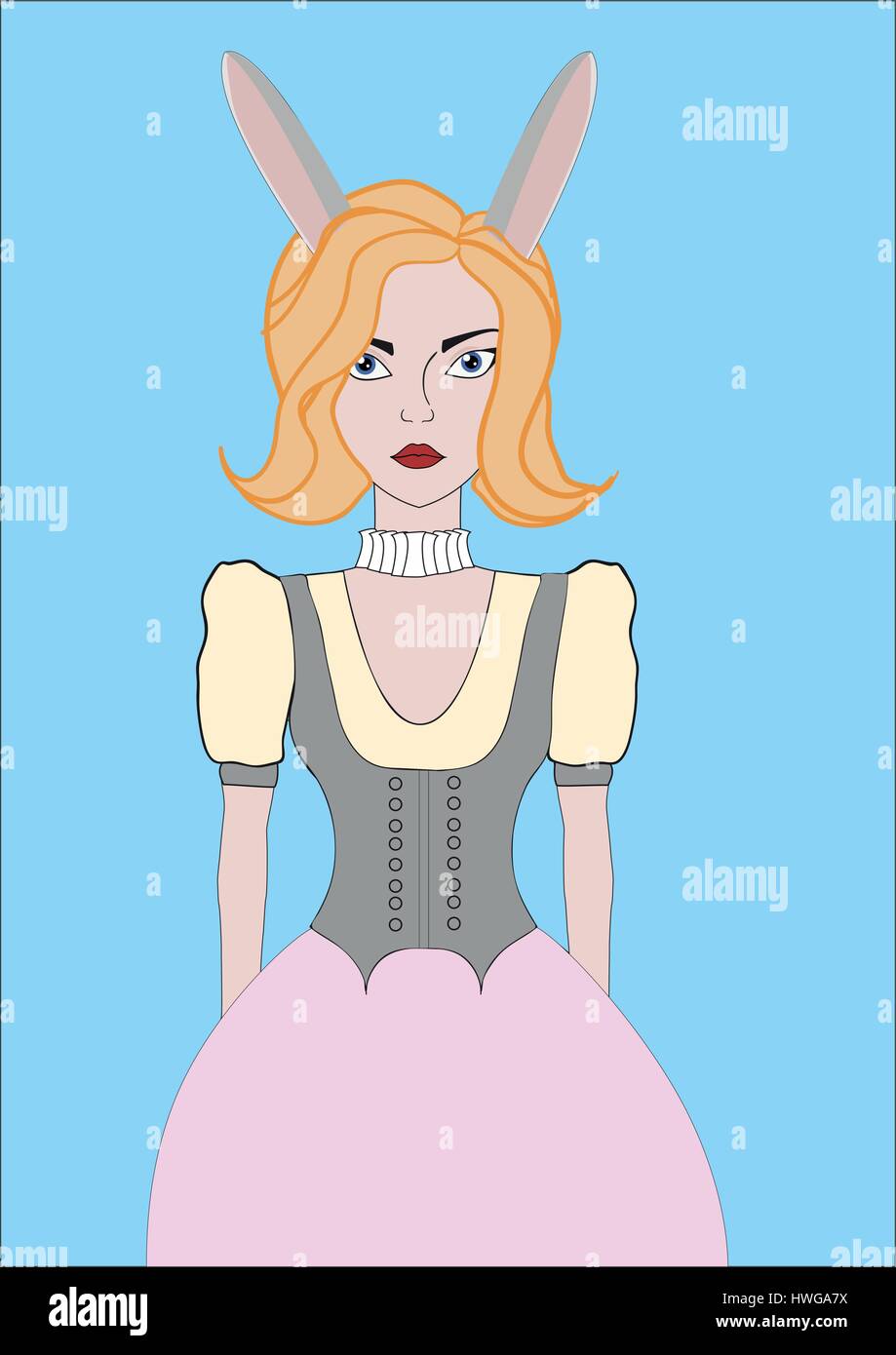 Portrait of a rabbit girl in a dress on a blue background Stock Vector ...