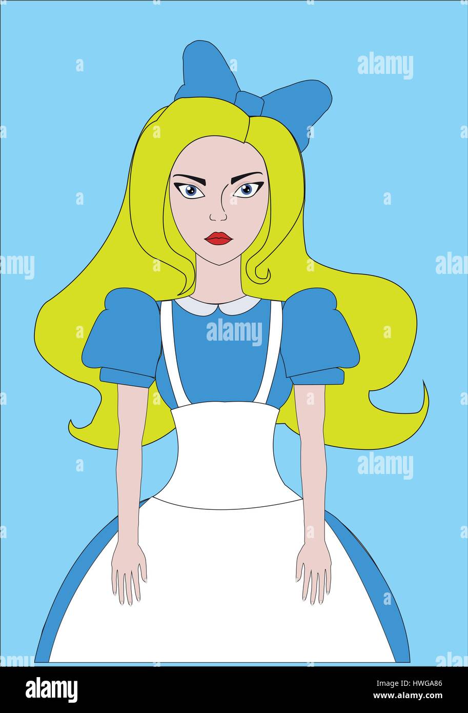 Portrait of an Alice in a blue dress on a blue background Stock Vector ...