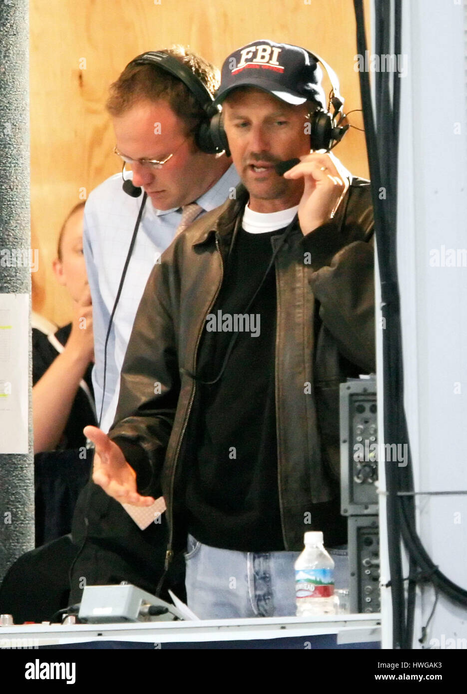 Actor Kevin Costner in the ESPN broadcast booth at the Cal State ...