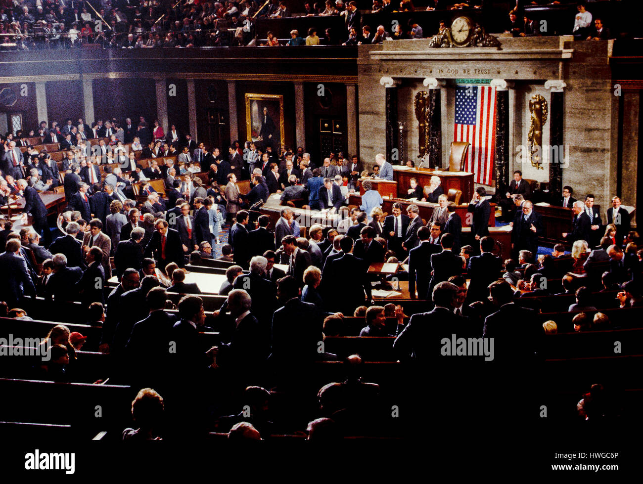 Overlall view as members of 99th congress mingle on the floor of the ...