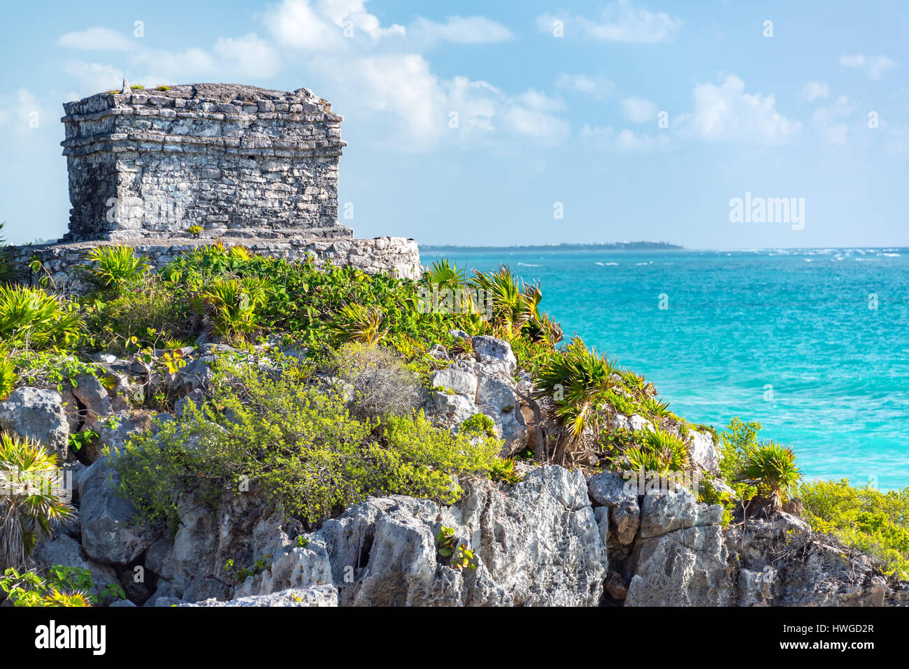 View of the temple of the God of the Wind at Tulum, Mexico with the ...