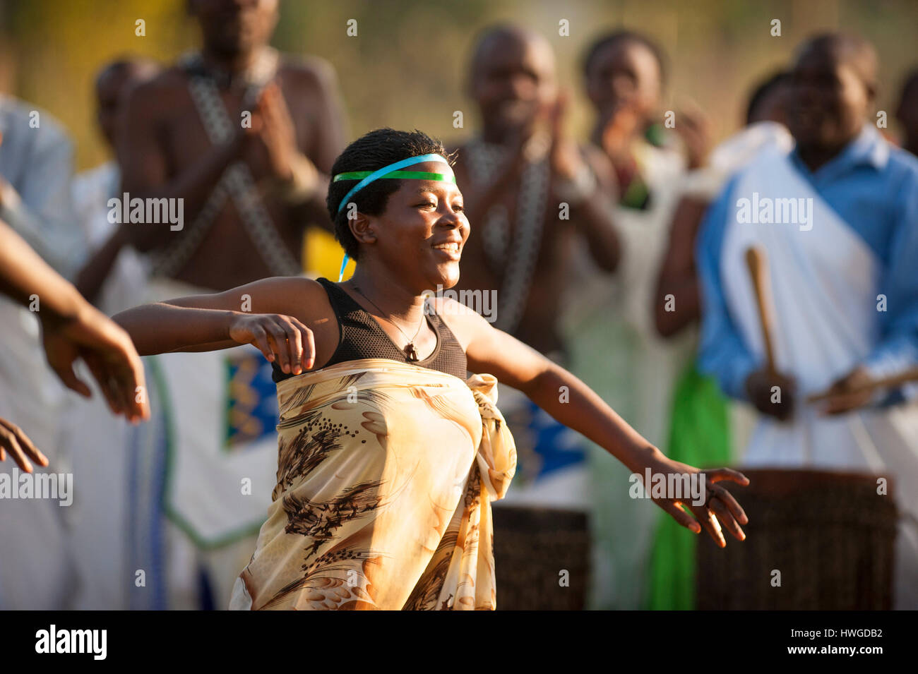 Dancers performing traditional Rwandan dance before trekking for mountain gorillas (Gorilla ...