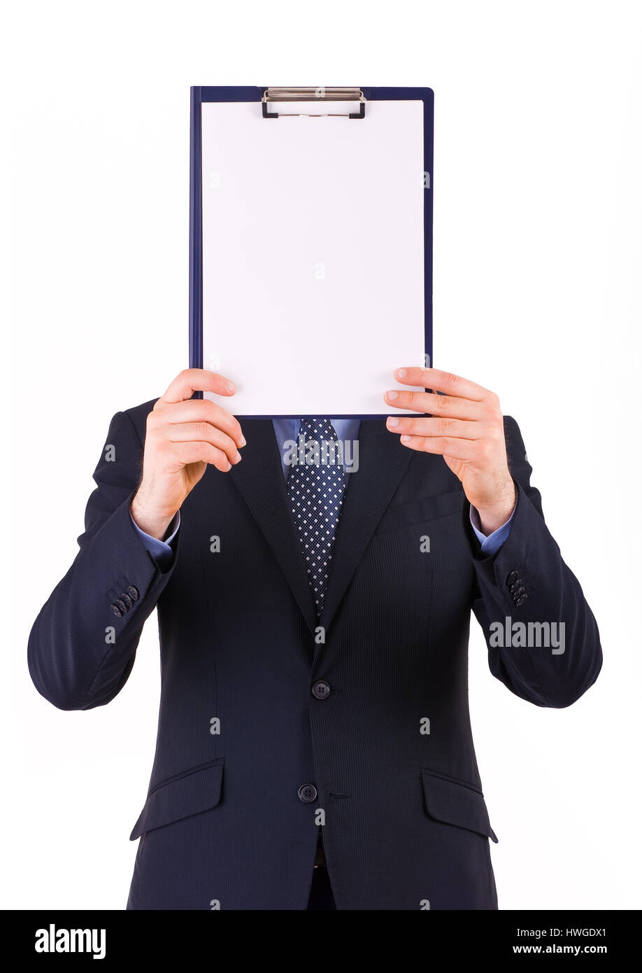 Businessman showing clipboard Stock Photo - Alamy