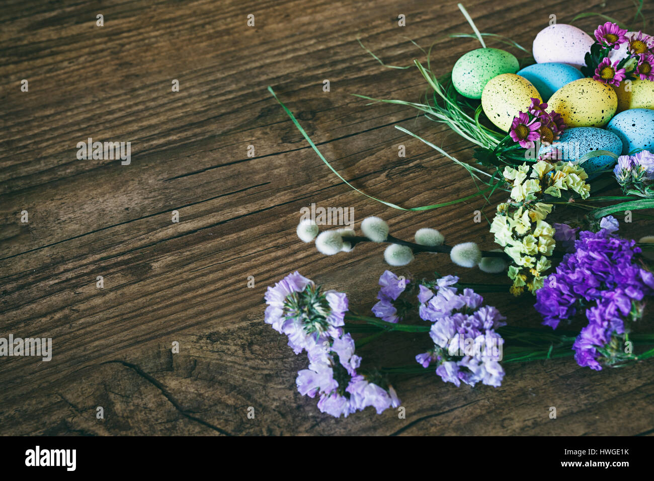 Easter background. Beautiful colorful eggs in nest with spring flowers ...
