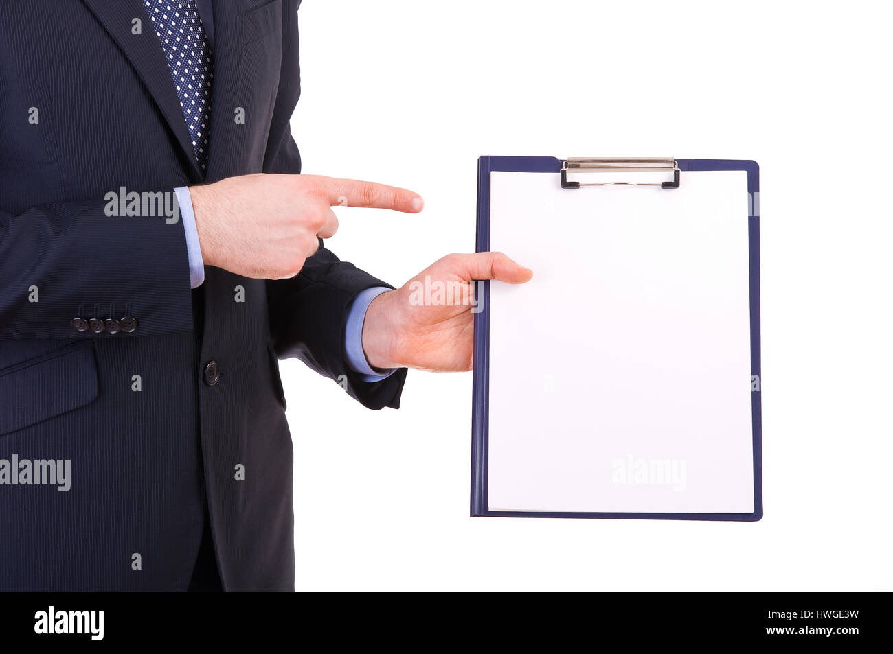 Businessman showing clipboard Stock Photo - Alamy
