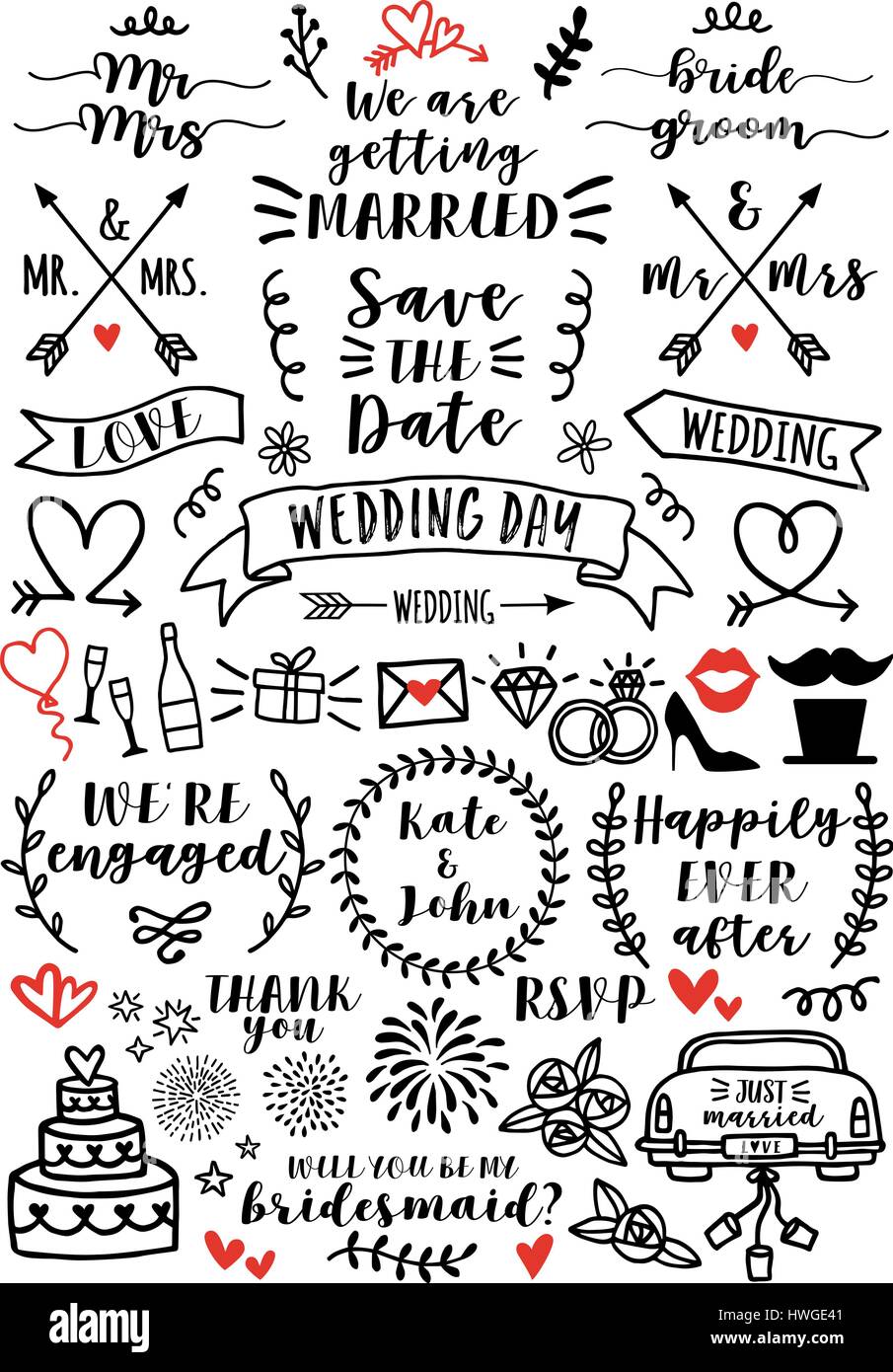 hand drawn wedding doodles and overlays, set of vector design elements ...
