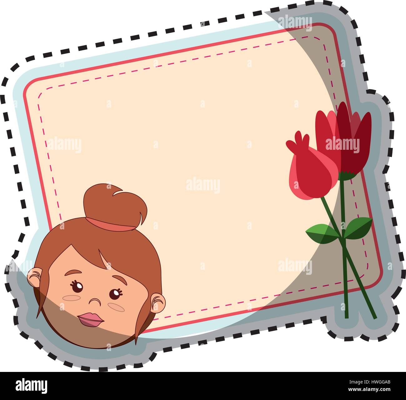 card with woman face and flowers over white background. vector ...